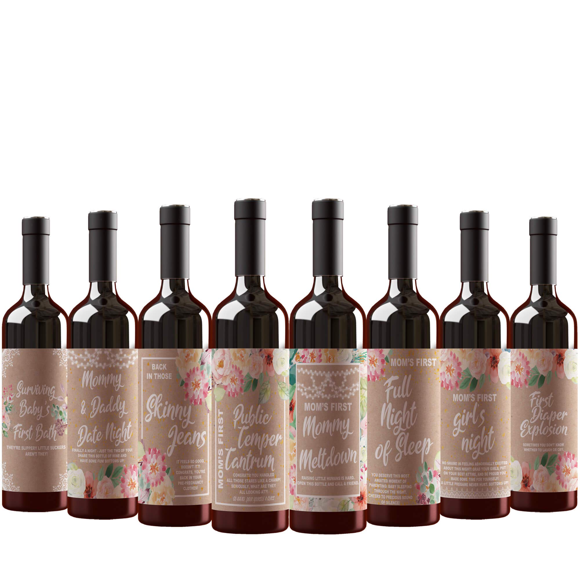 8 Mommy's First Milestone Wine Bottle Labels Stickers, Funny Mom's First Moments Having New Baby Girl or Boy, Great Gift Ideas For Mom To Be, 1st Date Night With Dad (WINE NOT INCLUDED)