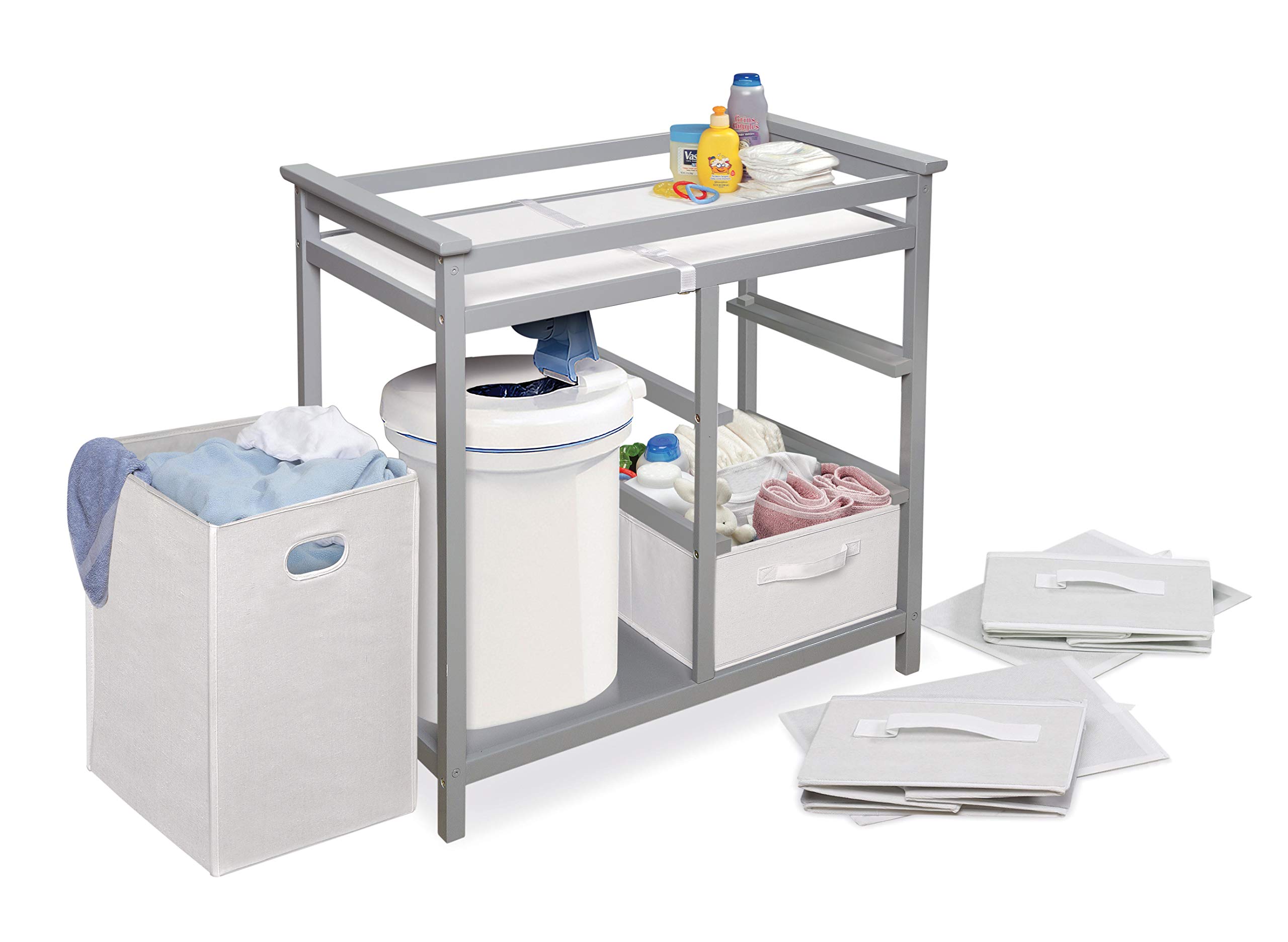 Badger Basket Modern Baby Changing Table with Laundry Hamper, 3 Storage Drawers and Pad, Diaper Change Station - Gray/White