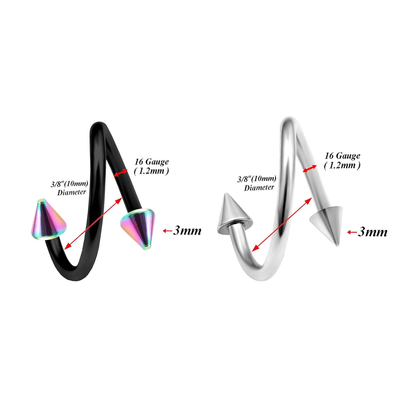 4pcs 16g Spiral Piercing Cartilage Earring Lip Tragus Eyebrow Hoop Helix Twisted Bar Surgical Steel Studs - 10mm