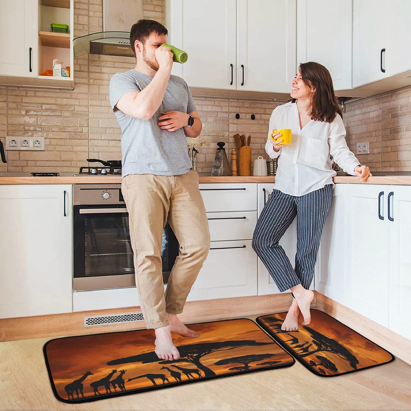ALAZA Giraffe Sunrise African 2 Piece Kitchen Rug Floor Mat Set Runner Rugs Non-Slip for Kitchen Laundry Office 20" x 28" + 20" x 48"