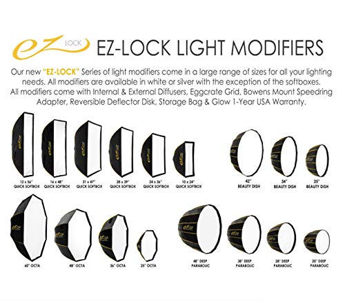 Glow EZ Lock 38" Deep Parabolic Quick Softbox, 16-Sided Parabolic Softbox Opens Up and Closes Down 'Umbrella' Style, this Bowens Mount Softbox with Quick Speedring Swap is an Ideal Speedlight Soft box