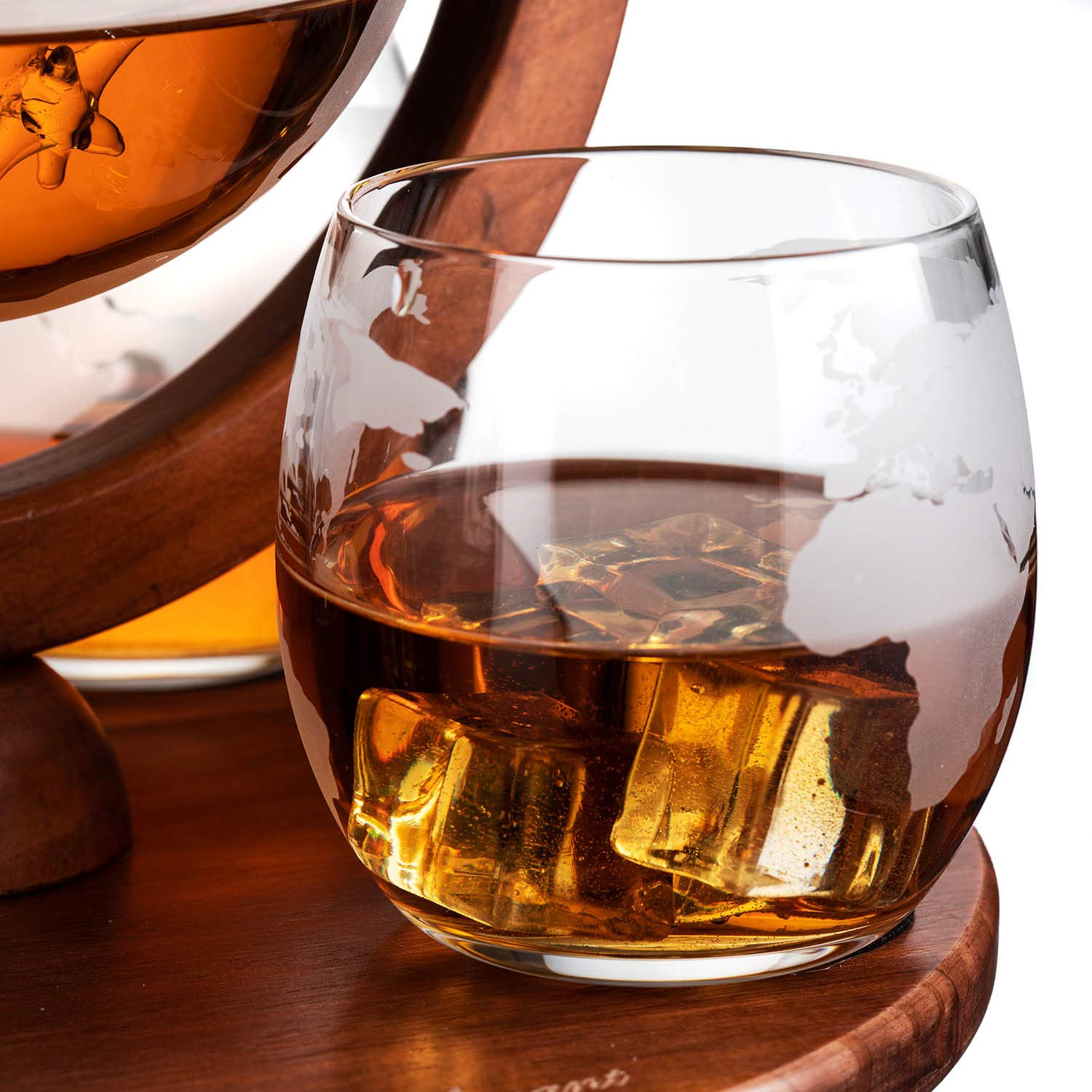 Etched World Decanter whiskey Globe - The Wine Savant Whiskey Gift Set Globe Decanter with Antique Airplane, Whiskey Stones and 4 World Map Glasses, Pilot Gift - Alcohol Related Gift, HOME BAR DECOR