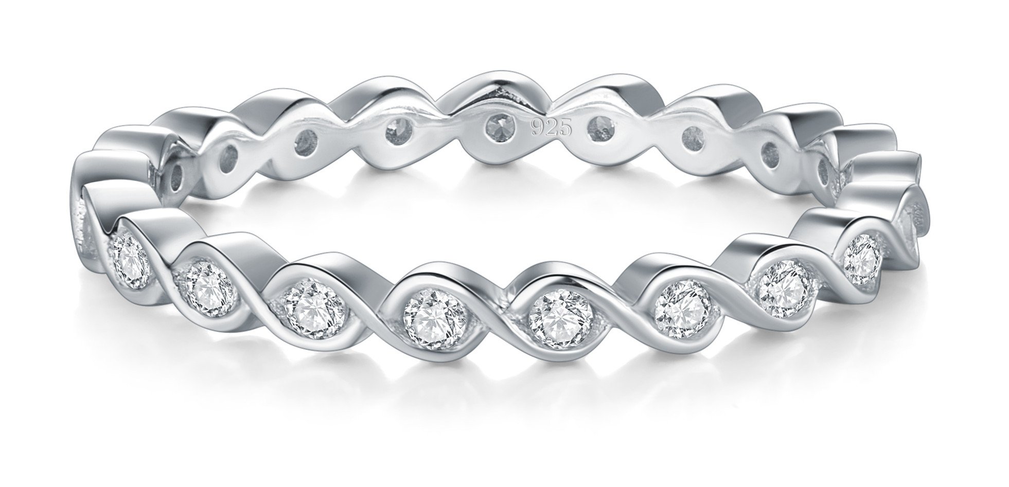 2MM 925 Sterling Silver Ring, Boruo Cubic Zirconia CZ Wedding Band Stackable Ring Size 8