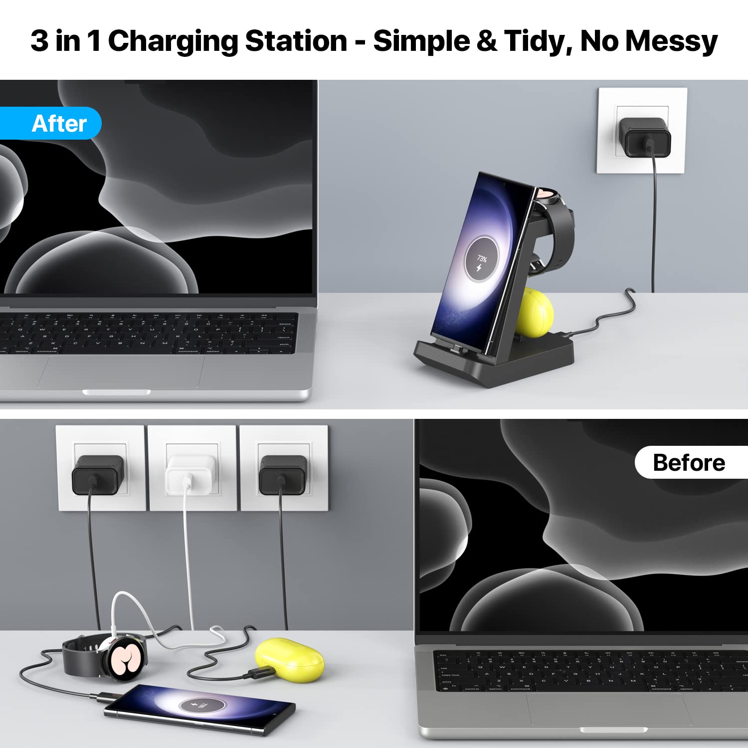 3 in 1 Charging Station for Samsung Multiple Devices, Fast Wireless Charger for Galaxy Watch 5 Pro/4/3, Charging Dock with 18W Adapter for Samsung Galaxy S23/S22/S21/Note20/Z Flip/Z Fold, Galaxy Buds