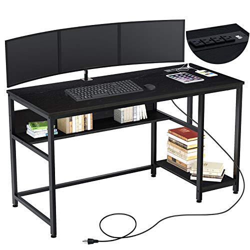 Rolanstar Computer Desk 55” with Power Outlet & Storage Shelves, Home Office PC Desk with USB Ports Charging Station, Writing Study Desktop Table with Stable Metal Frame, Black