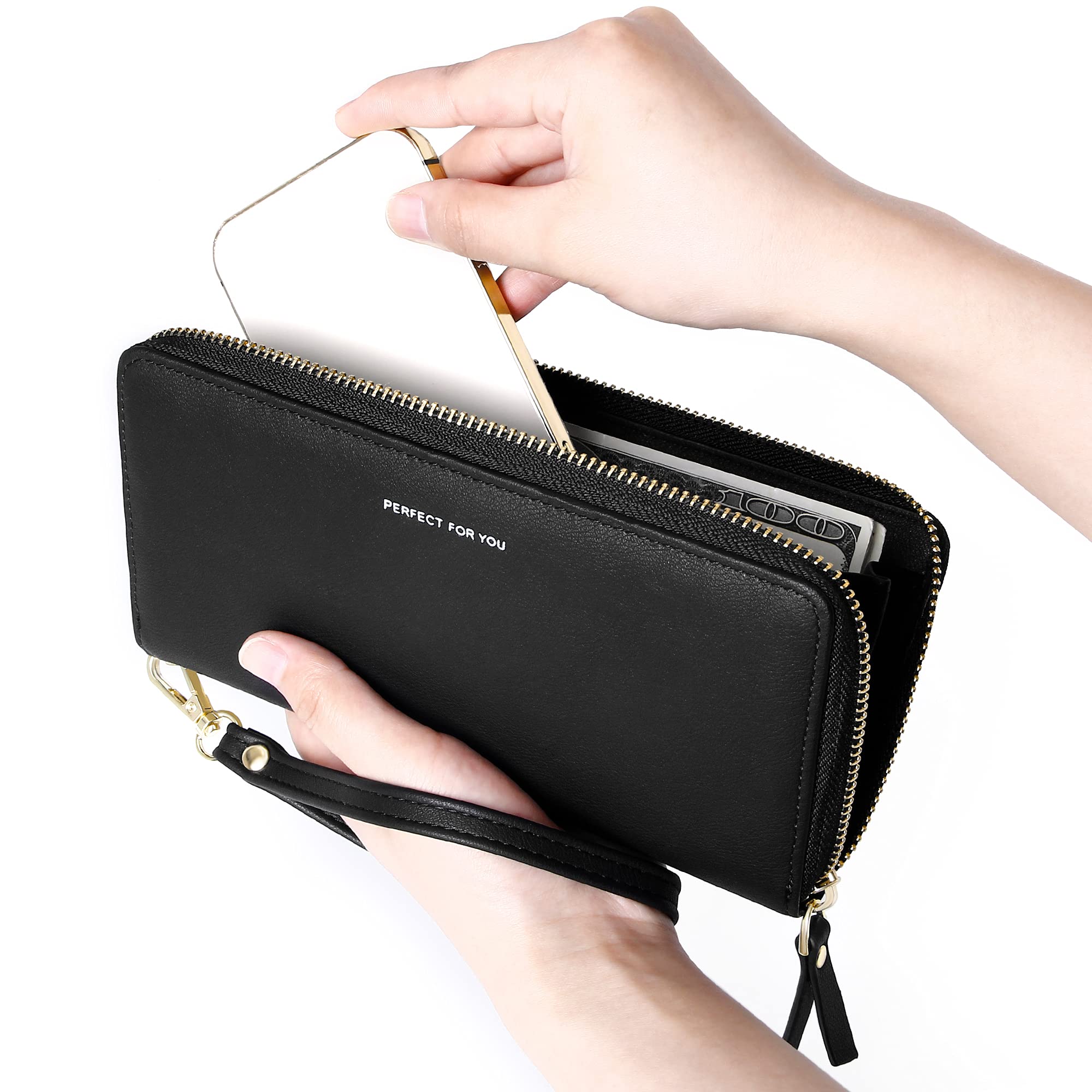 Badiya Womens Wallet RFID Blocking Leather Zip Around Wallet Large Capacity Credit Card Long Purse Clutch Wristlet