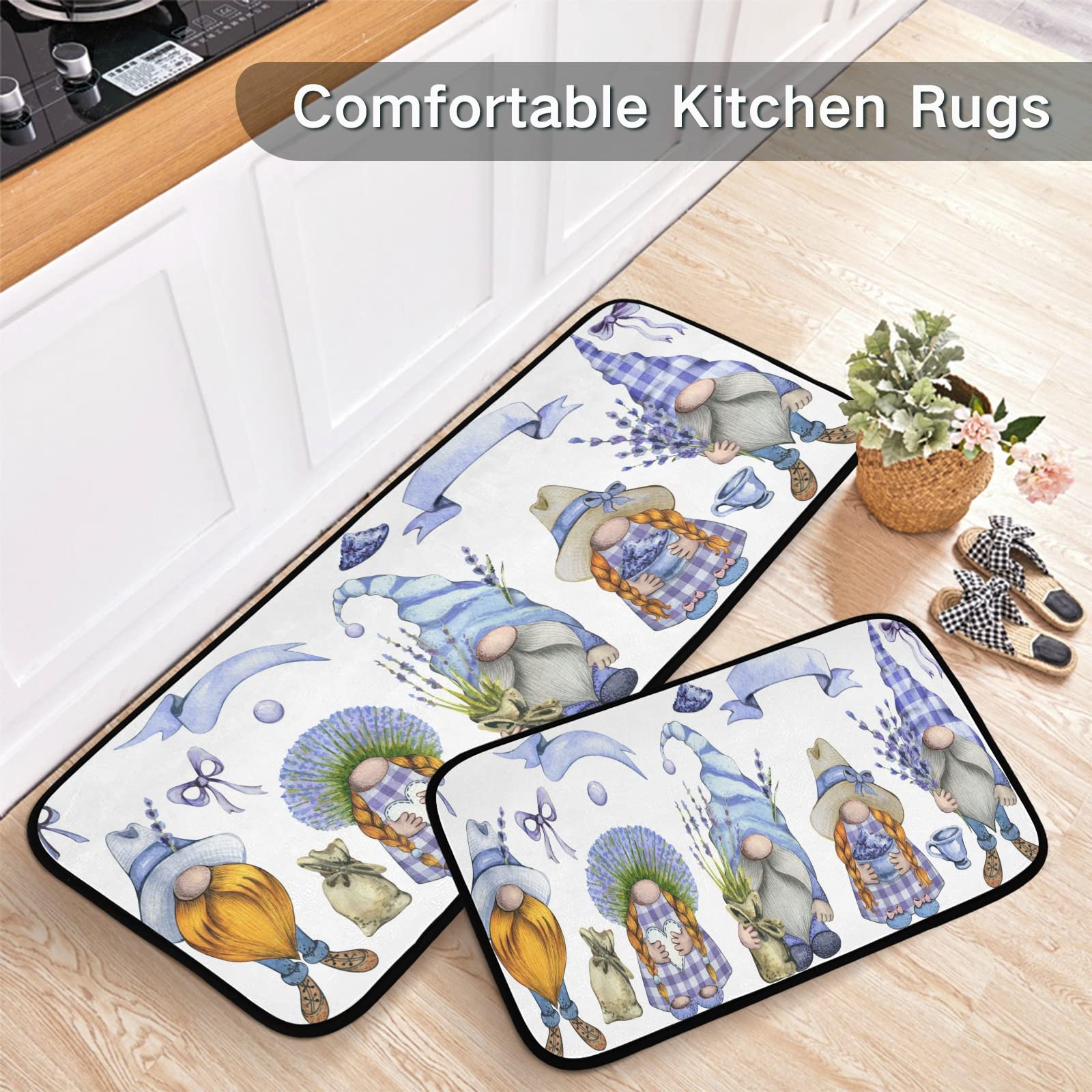 ALAZA Lavender Gnome Kitchen Mat Set 2Piece,Super Absorbent Kitchen Rugs Mats Non Slip Waterproof Easy Clean Carpets Rugs for Kitchen Floor Sink Laundry Runner Area Rug Carpet