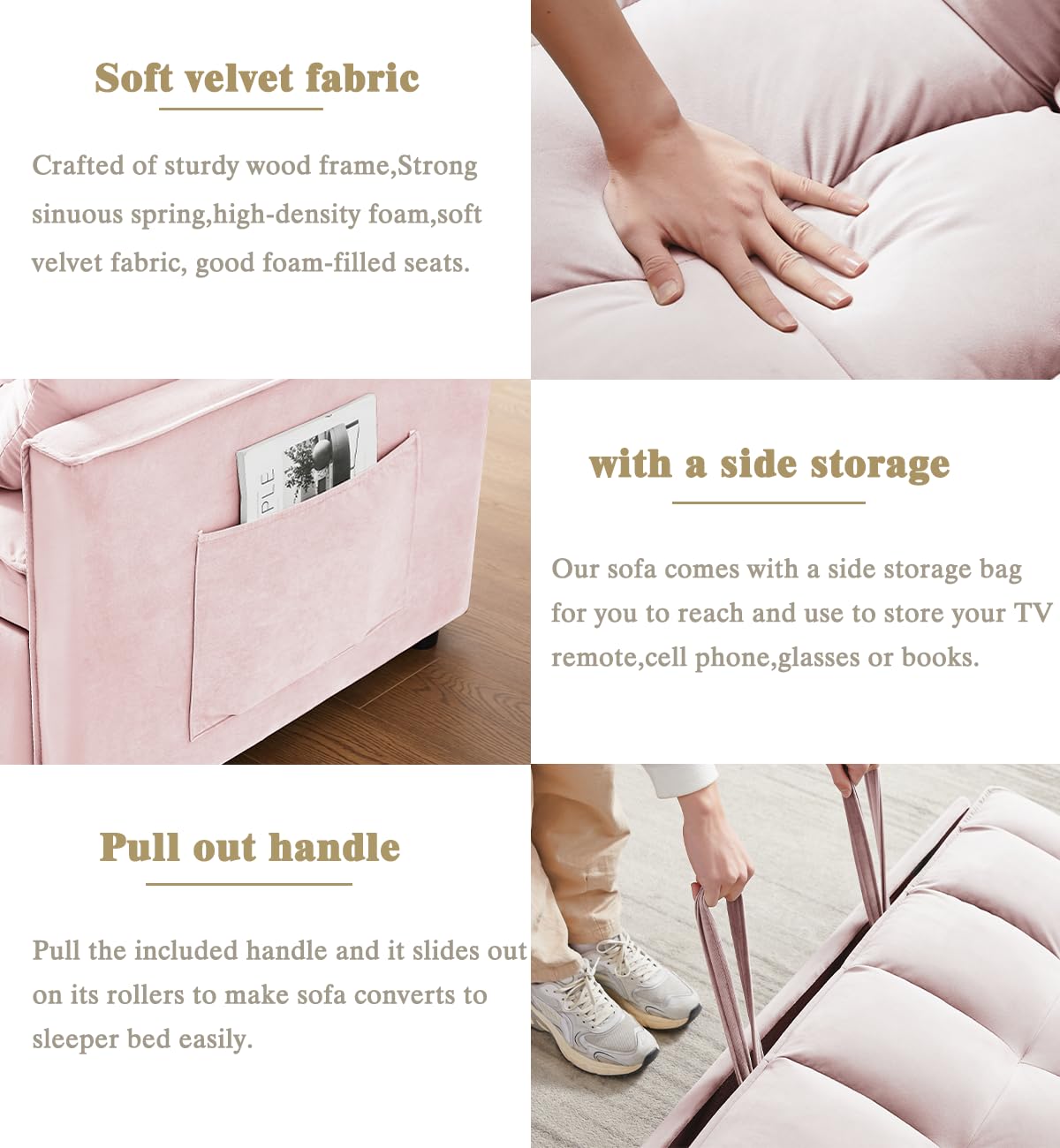 3 in 1 Convertible Velvet Loveseat Futon Couch Bed for Small Spaces - Pull Out Sofa Bed, Adjustable Backrest, Lumbar Pillows (Pink)