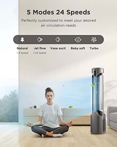 AIRMATE Bladeless Fan & HEPA Filter Air Purifier 2in1 with Remote, Silent 45”Oscillating Pedestal Fan, 5 Modes 24 Speeds, LED Display, 15H Timer, Auto Off, Portable Tower Fan for Bedroom Home Office