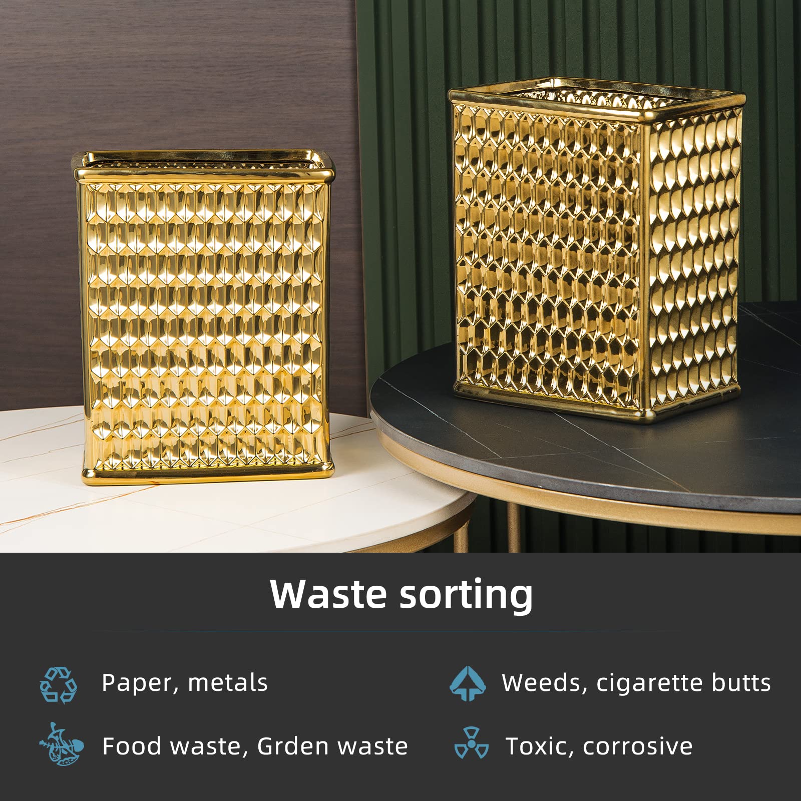 RZCNC Ceramic Gold Square Trash can Waste Basket, Decorative Garbage Can for Bathroom, Bedroom, Home Office, Kitchen, Dorm, College (1.5 Gallon, Small, Open Top)
