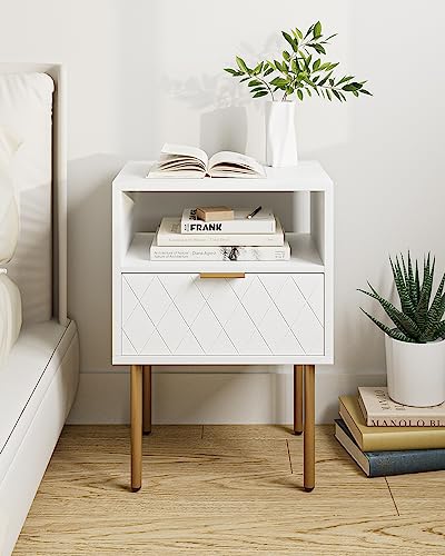 Aobafuir Nightstand, Drawer Dresser for Bedroom, Small Side Table with Drawer, Bedside Furniture, Night Stand, End Table with Gold Frame for Bedroom,Living Room,White