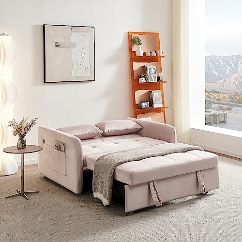 3 in 1 Convertible Sleeper Sofa Bed Twin Size ,55.5" Trundle Loveseat w/Pull-Out Couch and USB Chargers, Button Tufted Velvet Upholstered Futon Sofa & Couch for Limited Spaces Living Room Bedroom