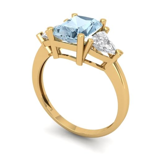 3.0 ct Emerald cut 3 stone Solitaire Blue Simulated Diamond Engagement Promise Anniversary Bridal Ring 18K Yellow Gold 4