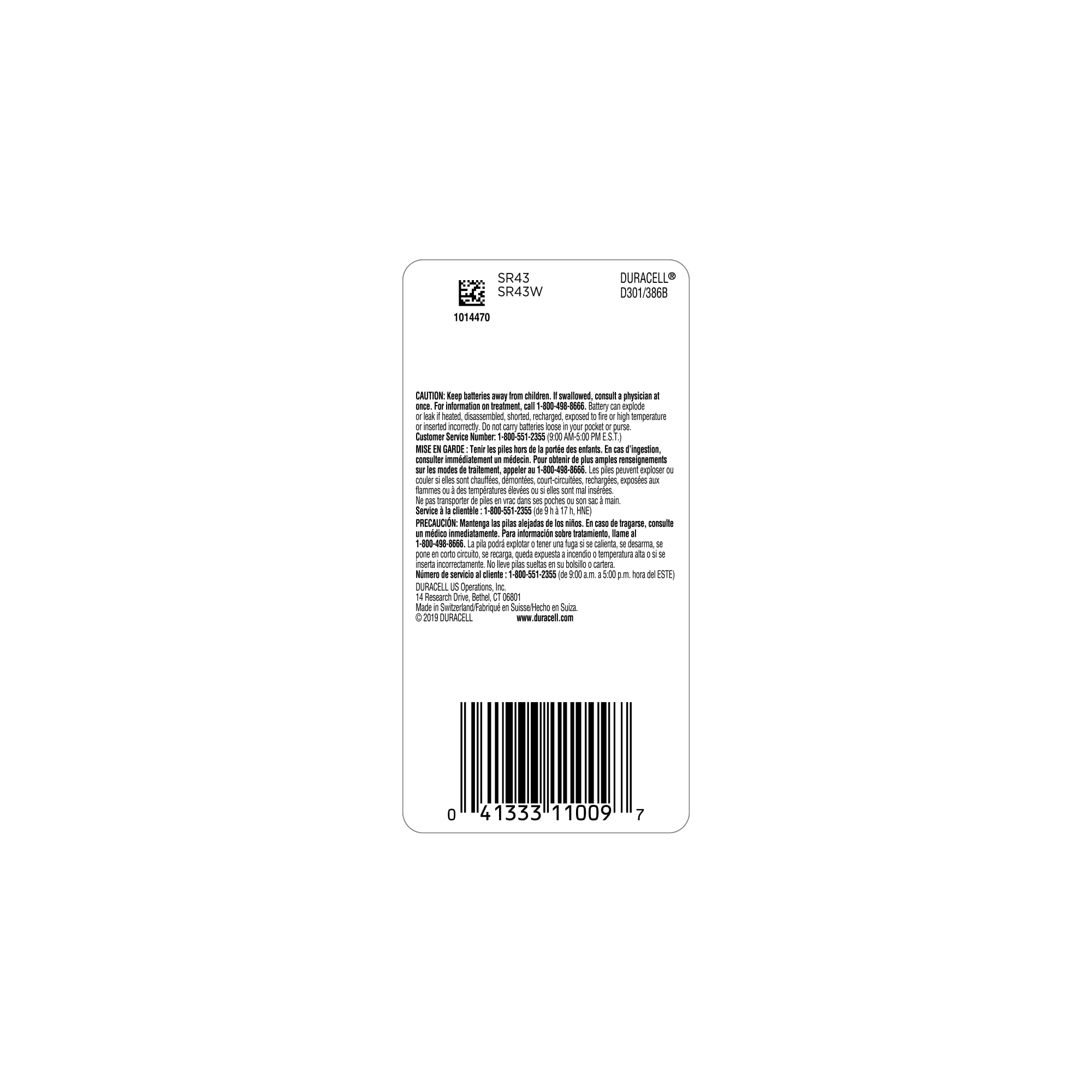 Duracell 301/386 Silver Oxide Button Battery, 1 Count Pack, 301/386 Battery, Long-Lasting for Watches, Medical Devices, Toys, and More