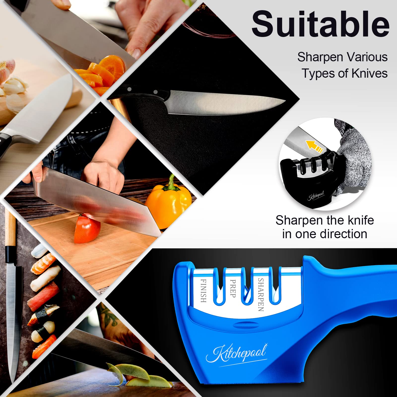4-in-1 Knife Sharpener Kit with Cut-Resistant Glove, 9-Stage Quality Kitchen Knife Accessories to Repair, Grind, Polish Blade, Professional Knife Sharpening Tool for Kitchen Knives (Blue)
