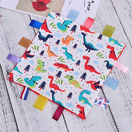 G-Tree Baby Comfort Blanket with Tag, Multi-Coloured Dinosaurs Tag, FOMUNI Taggy Blanket - Red Textured Underside