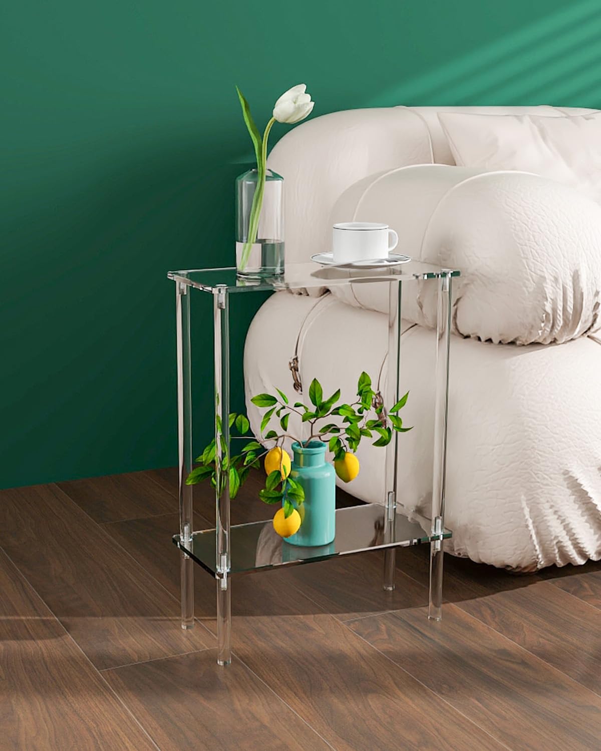Acrylic Side Table, 2-Tier Narrow Side Table, Skinny Side Table, Slim Side Tables for Small Spaces, 7" D x 15.7" W x 21.8”H