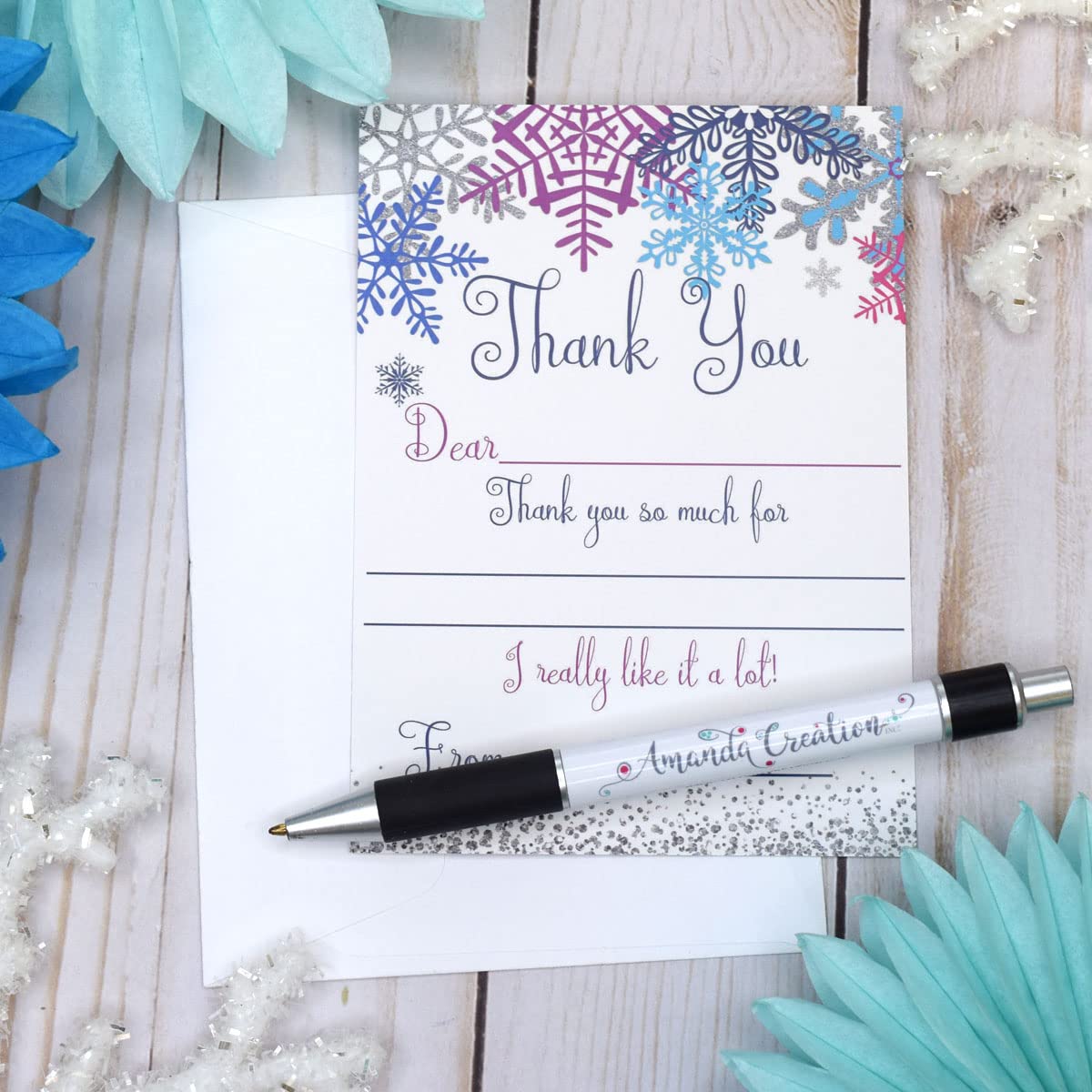 Winter Snowflake Birthday Thank You Notes, Ten 4" x 5.5" Fill In The Blank Cards with 10 White Envelopes by AmandaCreation