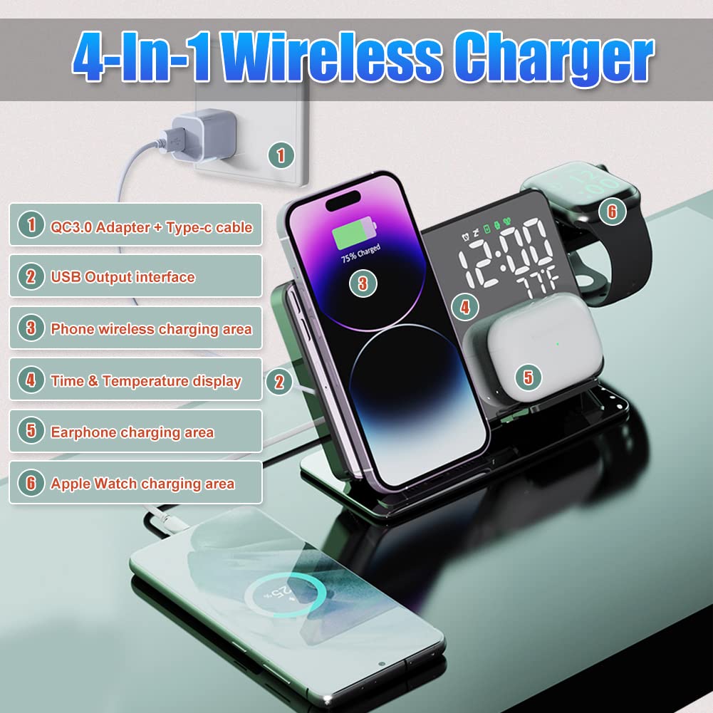 4-in-1 Wireless Charging Station for Apple Devices, 18W Fast Charge Wireless Charger with Alarm Clock and Temperature Display, Wireless Charger Stand for iPhone 14 13 12, Apple Watch & AirPods