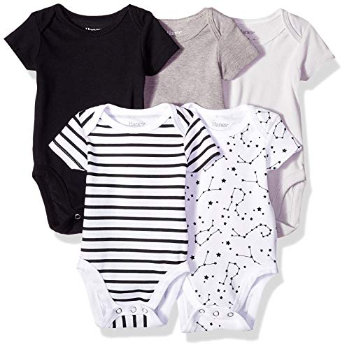 Hanes Baby Bodysuits, Ultimate Flexy Short Sleeve for Boys & Girls, 5-Pack, Grey/Black Stripe, 0-6 Months