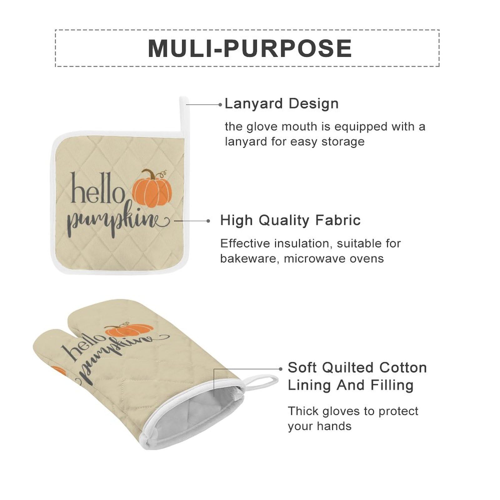4PCS Oven Mitts and Pot Holders Sets, Hello Pumpkin Orange Harvest Fall Beige Oven Mitts Set Heat Resistant Kitchen Microwave Gloves Safe for Baking,Cooking, BBQ