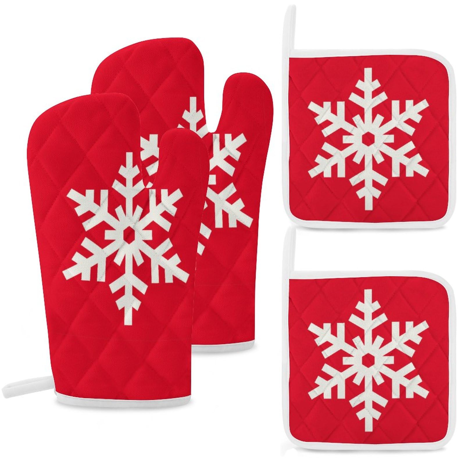 4PCS Oven Mitts and Pot Holders Sets, Red and White Snowflakes Oven Mitts Set Heat Resistant Kitchen Microwave Gloves Safe for Baking,Cooking, BBQ