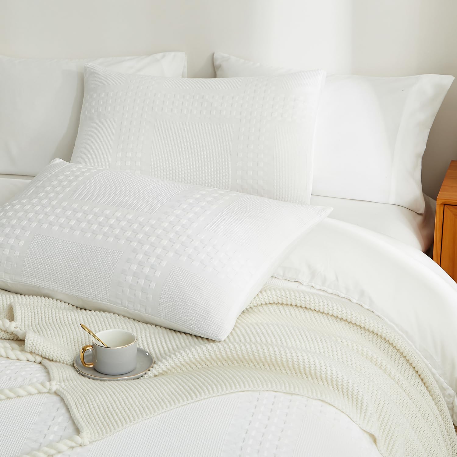 Sedefen White Waffle Duvet Cover King Size Shabby Chic Boho Square Textured Pattern 3 Pieces Soft Microfiber Bedding Duvet Cover Set Gift Choice Home Decrative