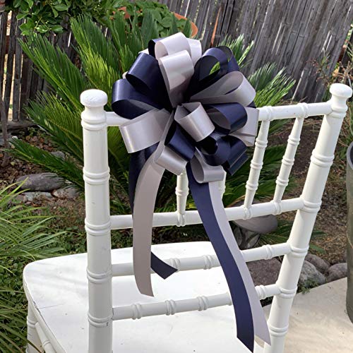 Navy Blue and Silver Decorative Pull Bows - 8" Wide, Set of 6, Christmas, Hanukkah, Wedding Ribbons, Father's Day, School Dance, Boxing Day
