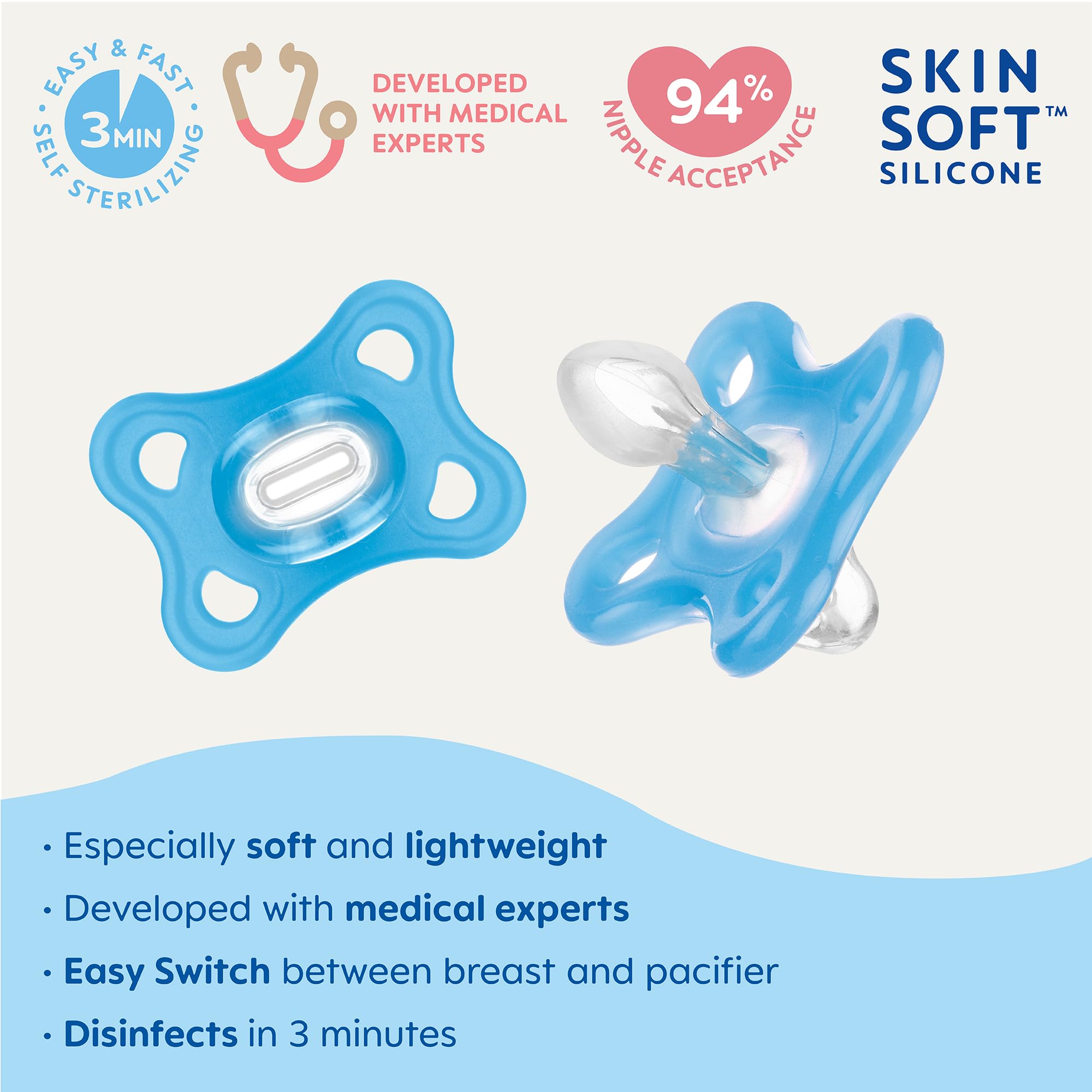 MAM Comfort Baby Pacifier, 100% Lightweight Silicone, Sterilizer Case, 0-3 Months (Pack of 2)