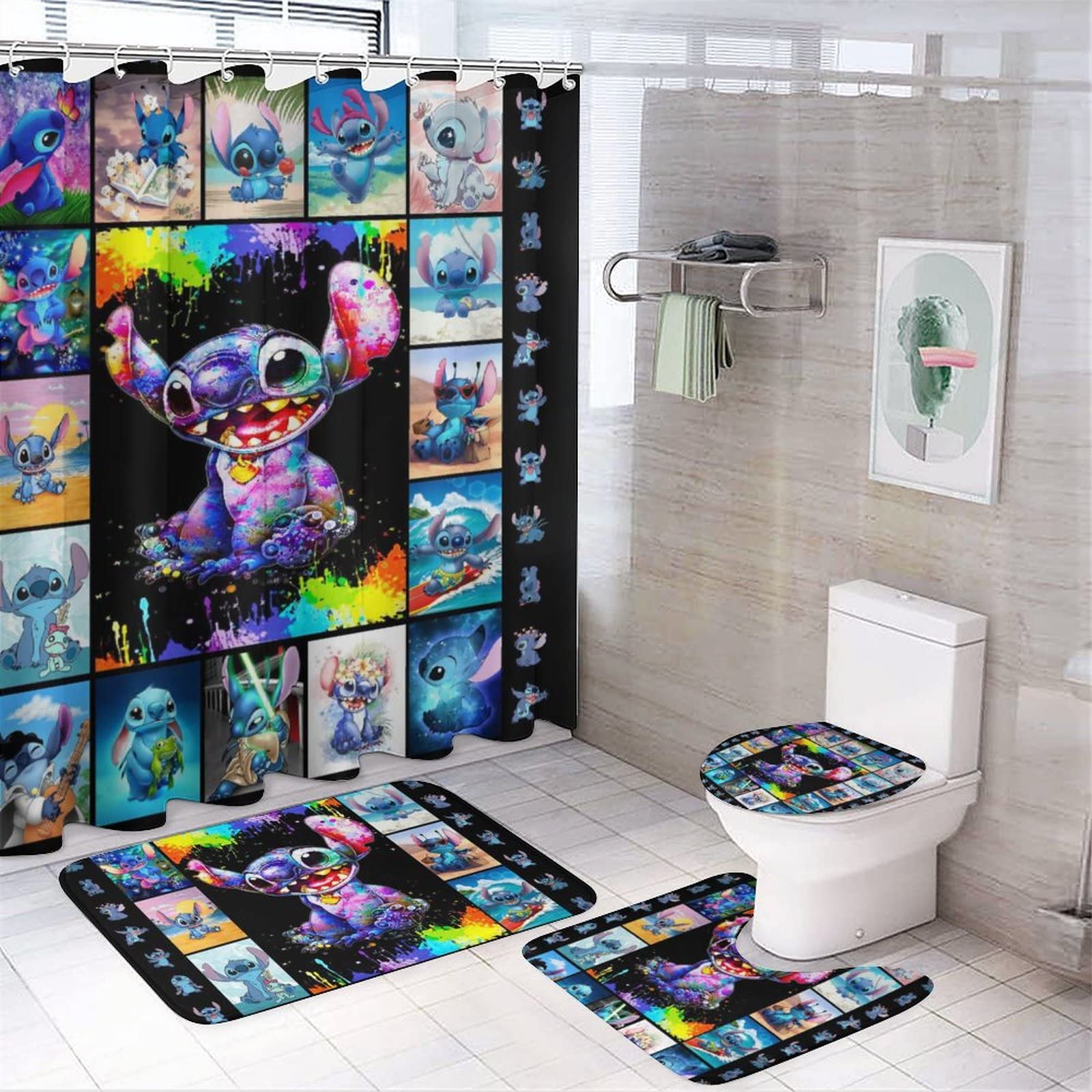 4 Piece Anime Shower Curtain Set, Bathroom Decor Sets with Waterproof Shower Curtain, Non-Slip Soft Flannel Rugs, Toilet Lid Cover, Bath Mat and 12 Hooks (70.9 X 70.9 Inch)