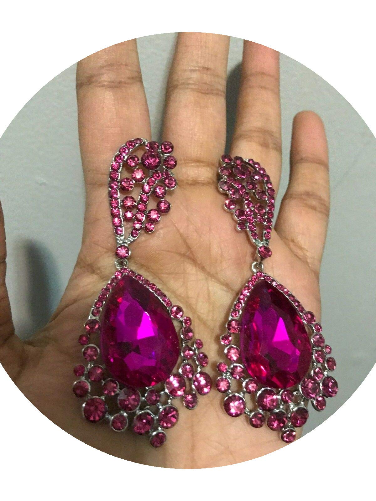 3.25" Long Hot Pink Fuchsia Dangle Pageant Rhinestone Crystal Silver Earrings