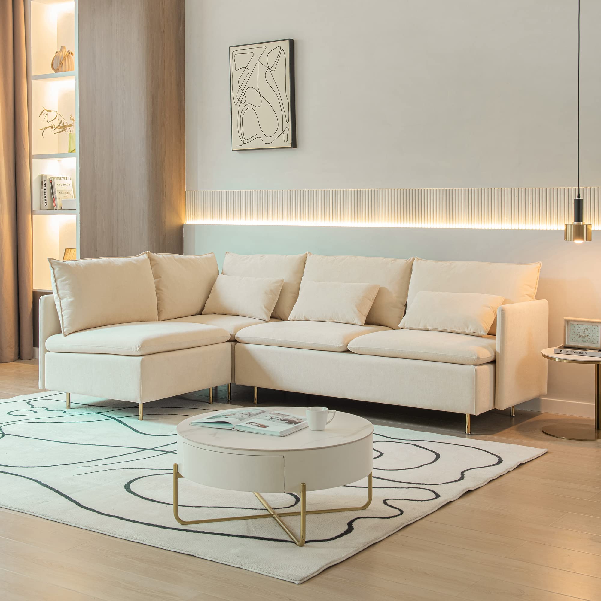 kevinplus 90.9'' Modern Sectional Sofa Couch for Living Room, Modular L-Shaped Corner Sofa Couch 3- Seat for Apartment Studio Home Office, Metal Leg and Cotton Linen Fabric, Beige