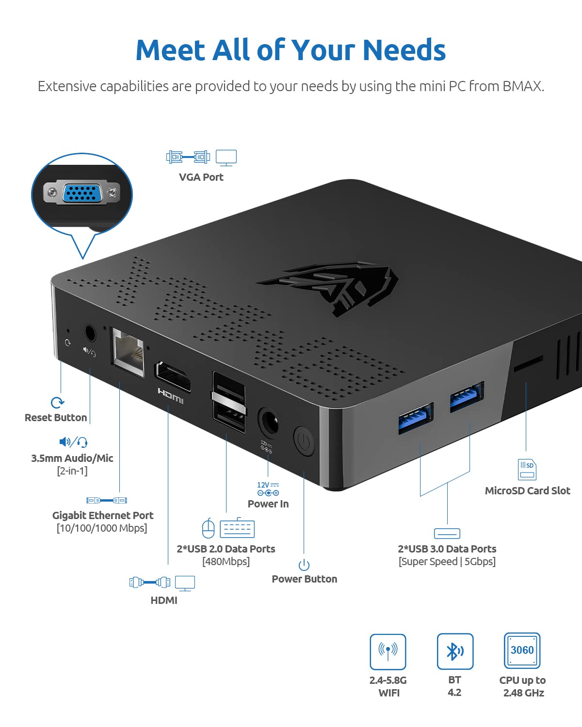 Mini PC Intel Celeron N3350(up to 2.4GHz) Windows 10 6GB RAM/64GB eMMC HDMI/VGA Port Support M.2_SATA_2280 SSD 4K HD Gigabit Ethernet 2.4G/5.0G Dual WiFi BT4.2 Micro PC