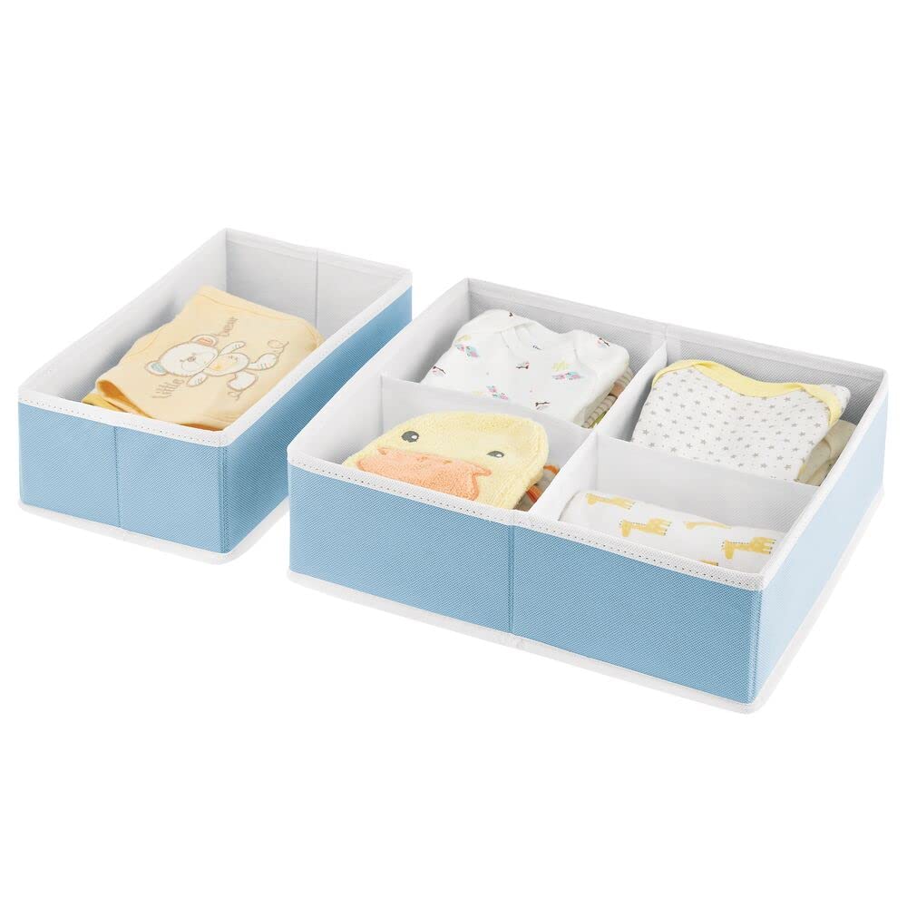mDesign Soft Fabric Polka Dot Dresser Drawer and Closet Storage Organizer Bin for Child/Kids Room, Nursery, Playroom - Divided 5 Section Tray, Set of 2 - Light Blue/White
