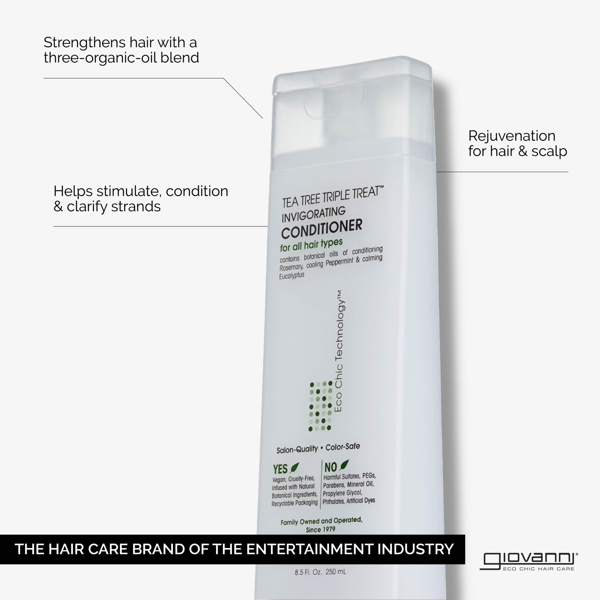 GIOVANNI Tea Tree Triple Treat Invigorating Conditioner - Cooling Peppermint, Eucalyptus, Rosemary, Helps Dry Flaking Scalp, Paraben Free, Helps to Moisturize, Smooth & Detangle - 24 oz (1 Pack)