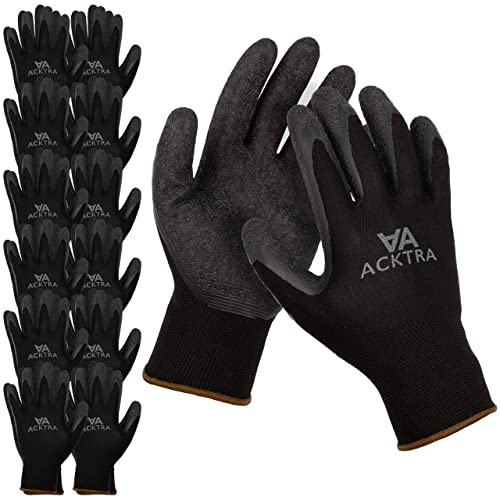 ACKTRA Coated Nylon Safety WORK GLOVES 12 Pairs, Knit Wrist Cuff, Multipurpose, for Men & Women, WG008 Black Polyester, Black Latex, Large