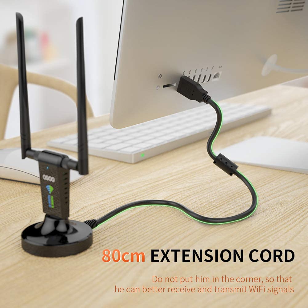 WiFi Adapter 1750mbps,QGOO Wireless USB Adapter Dual Band 2.4GHz/450Mbps 5GHz/1300Mbps High Gain 5dBi Antennas USB 3.0 Wireless Network Adapter for Desktop Laptop PC Windows XP/7/8/8.1/10/11