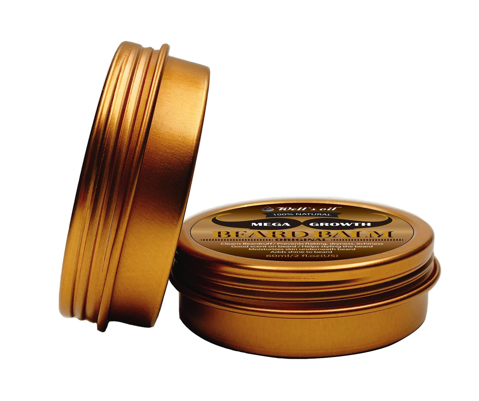 Well's MEGA GROWTH Beard Balm (Original Scent) | 2 fl.oz. | 100% Natural | Chemical-Free | For Men’s Beard Care | Taming, Styling & Softening