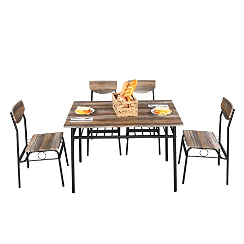AOCOROE Rectangular Dining Table & Chair Set of 5 w/Storage Space, Dining Room Set w/ 1 Table & 4 Chairs, Table Chair Set w/MDF Tabletop & Iron Frame, for Dining Room, Bistro, Home Bar, Kitchen