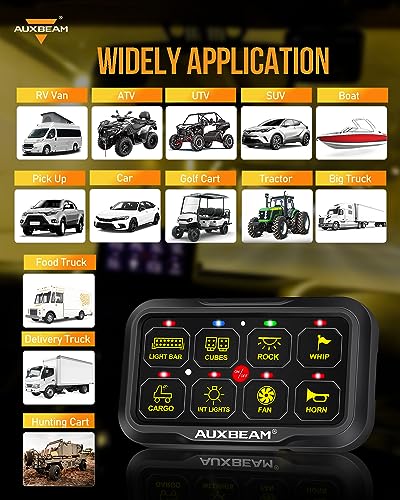 Auxbeam RGB Bluetooth 8 Gang Switch Panel AR-820 Toggle Momentary Pulsed Switch Pod for Truck UTV Offroad Boat with 47 inch Extension Wiring Harness