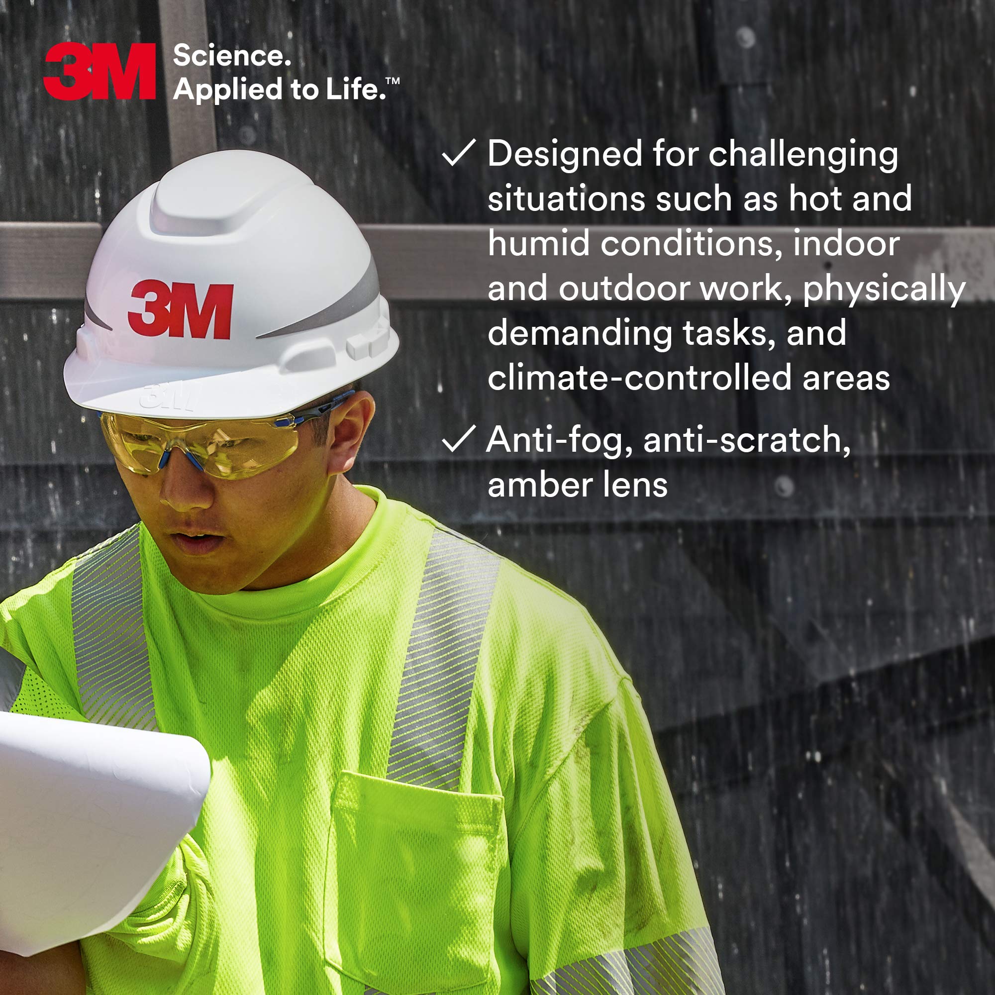3M Safety Glasses Solus 1000 Series ANSI Z87 Scotchgard Anti-Fog Amber Lens Blue/Black Frame