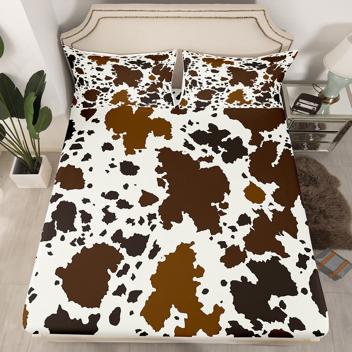 Cow Print Bedding Set Adult Women Brown Highland Cow Print Fitted Sheet for Boys Girls Western Room Decor Fitted Bed Sheets Wild Animal Farmhouse Milk Cow Print Bedding Collections, Twin Size