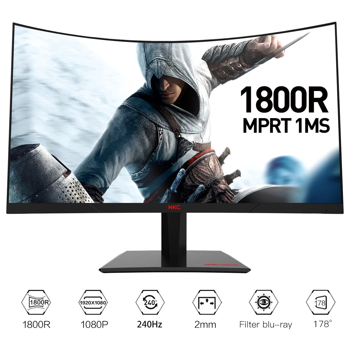 HKC 27'' Curved 240Hz(Support 144Hz Frameless FHD 1ms Gaming Monitor Free sync 1800R 1080P Eyes-Cared HDMI DP Cable