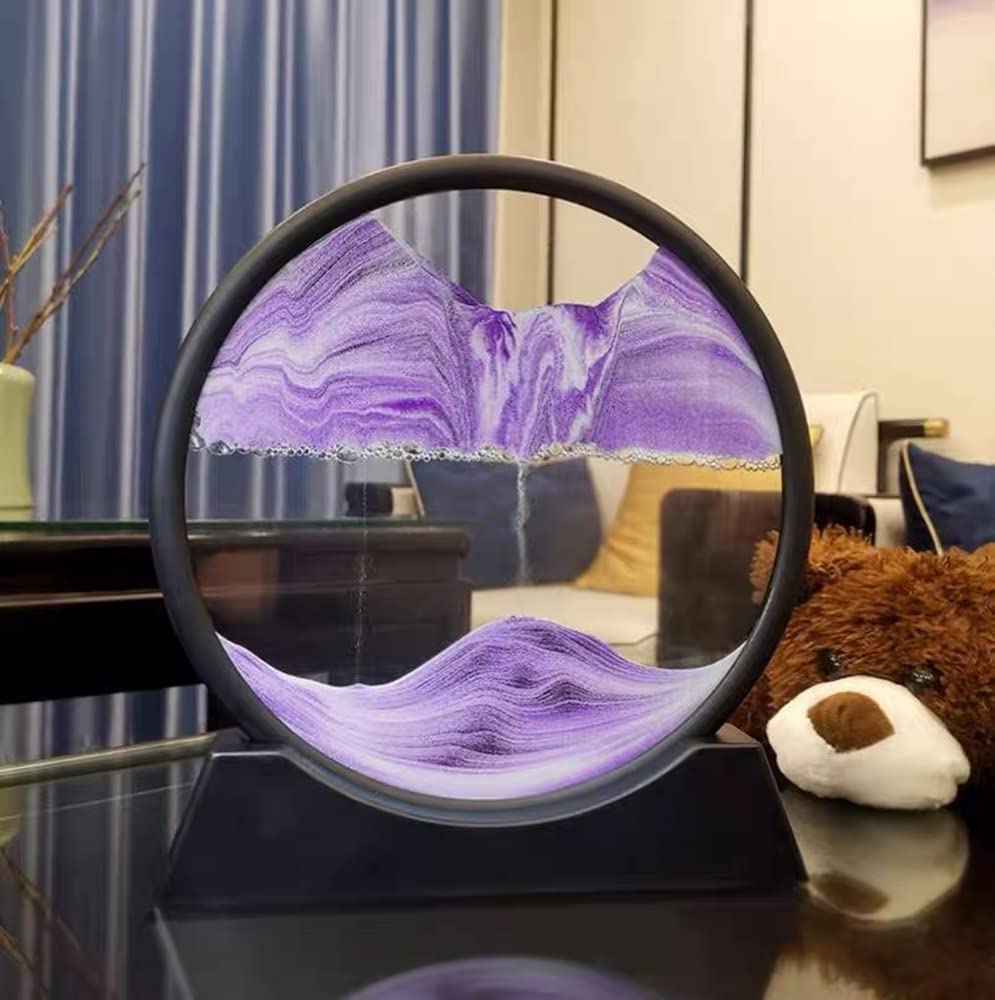 ANXUS Moving Sand Art Picture in Motion Round Glass 3D Deep Sea Sandscape Display Flowing Sand Frame, Sensory Relaxing Desktop Home Office Work Desk Decor(7", Purple)