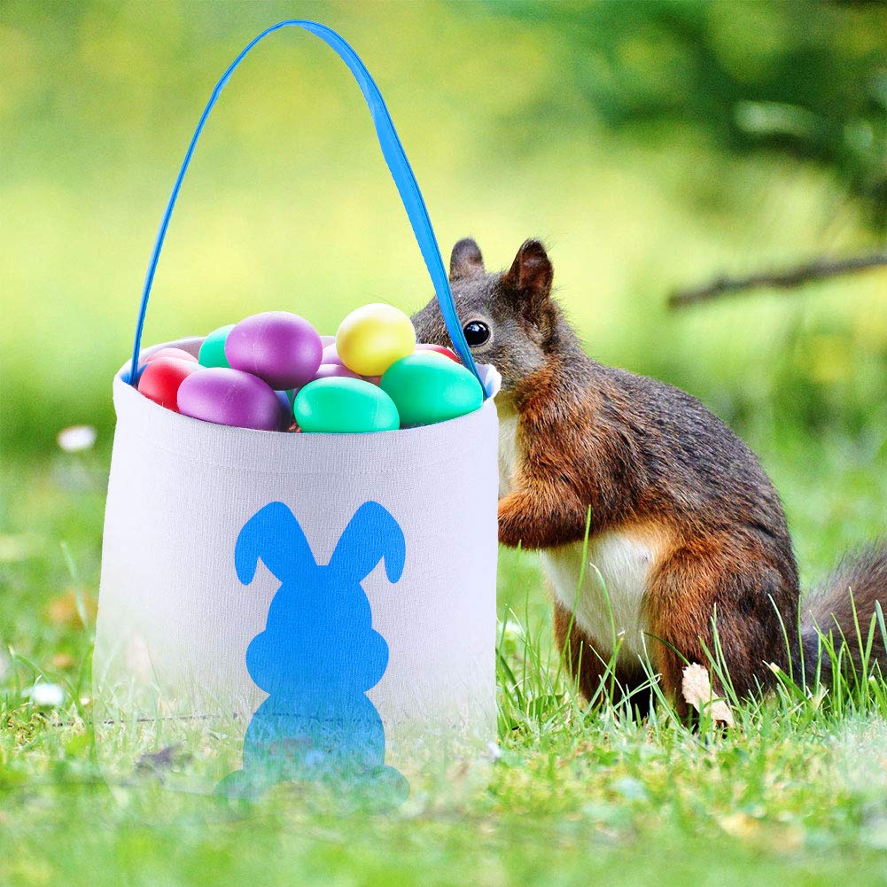 4 Pieces Easter Bunny Basket Bags for Kids Canvas Cotton Carrying Gift and Eggs Hunt Bag, Easter Gift Basket with Tails Printed Rabbit for Kids Party Decoration and Daily Use
