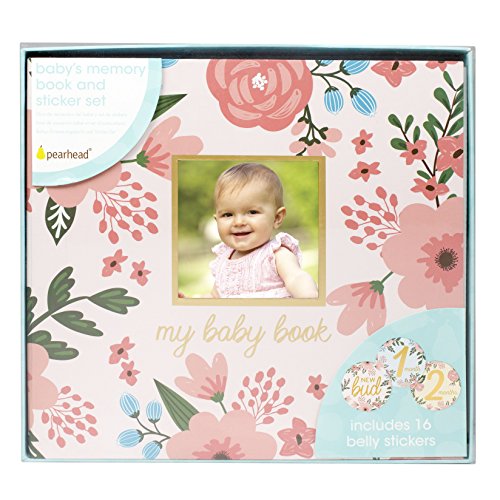 Pearhead Memory Book with Included Baby Belly Stickers, Modern Baby First Year Journal, Babys First Year, Baby Shower, Floral 17 Piece Set
