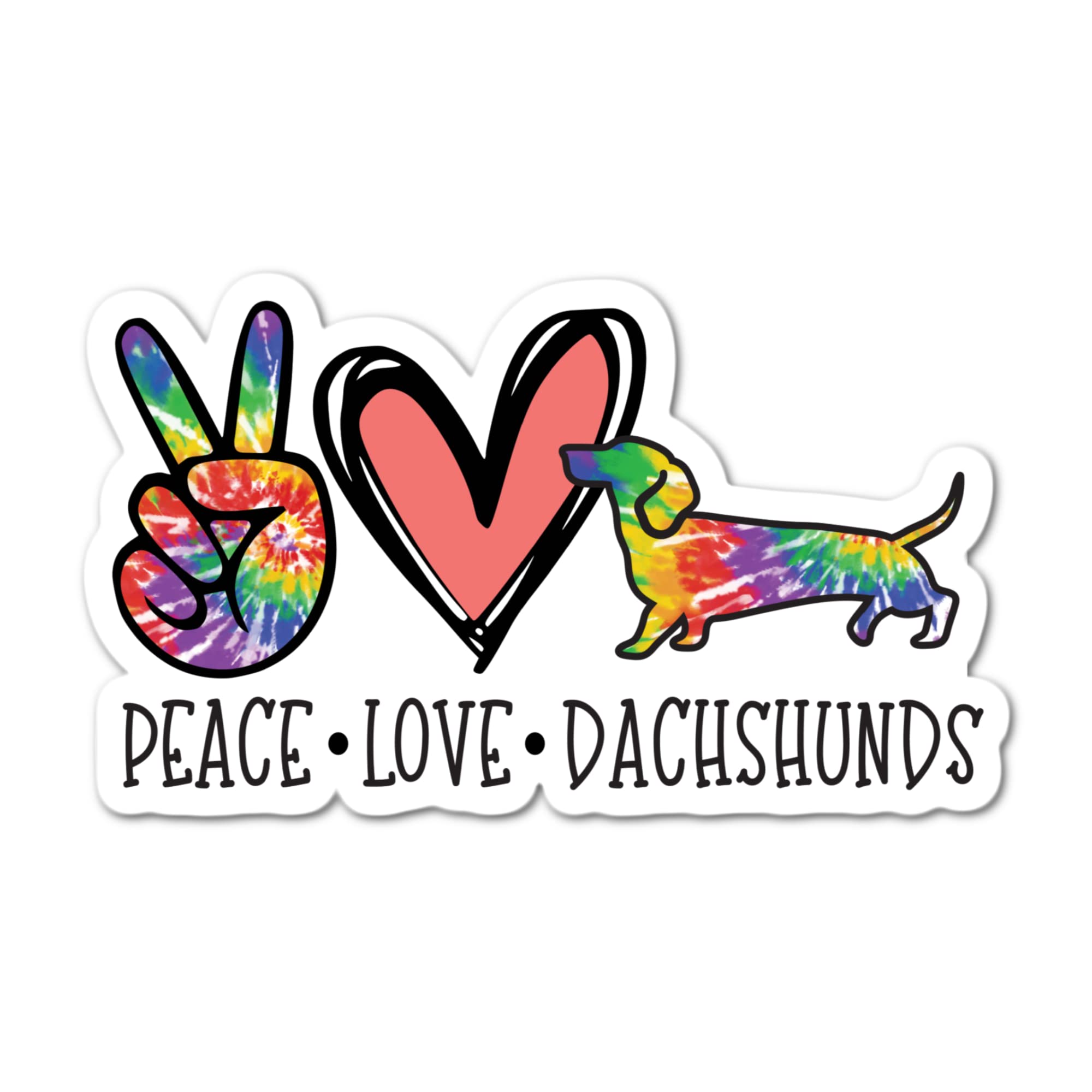 3.5" Dachshund tie dye hippie rainbow colors peace love doxie Quality Laminated Sticker Decal gift for friends family perfect for tumber mug pc kindle tablet