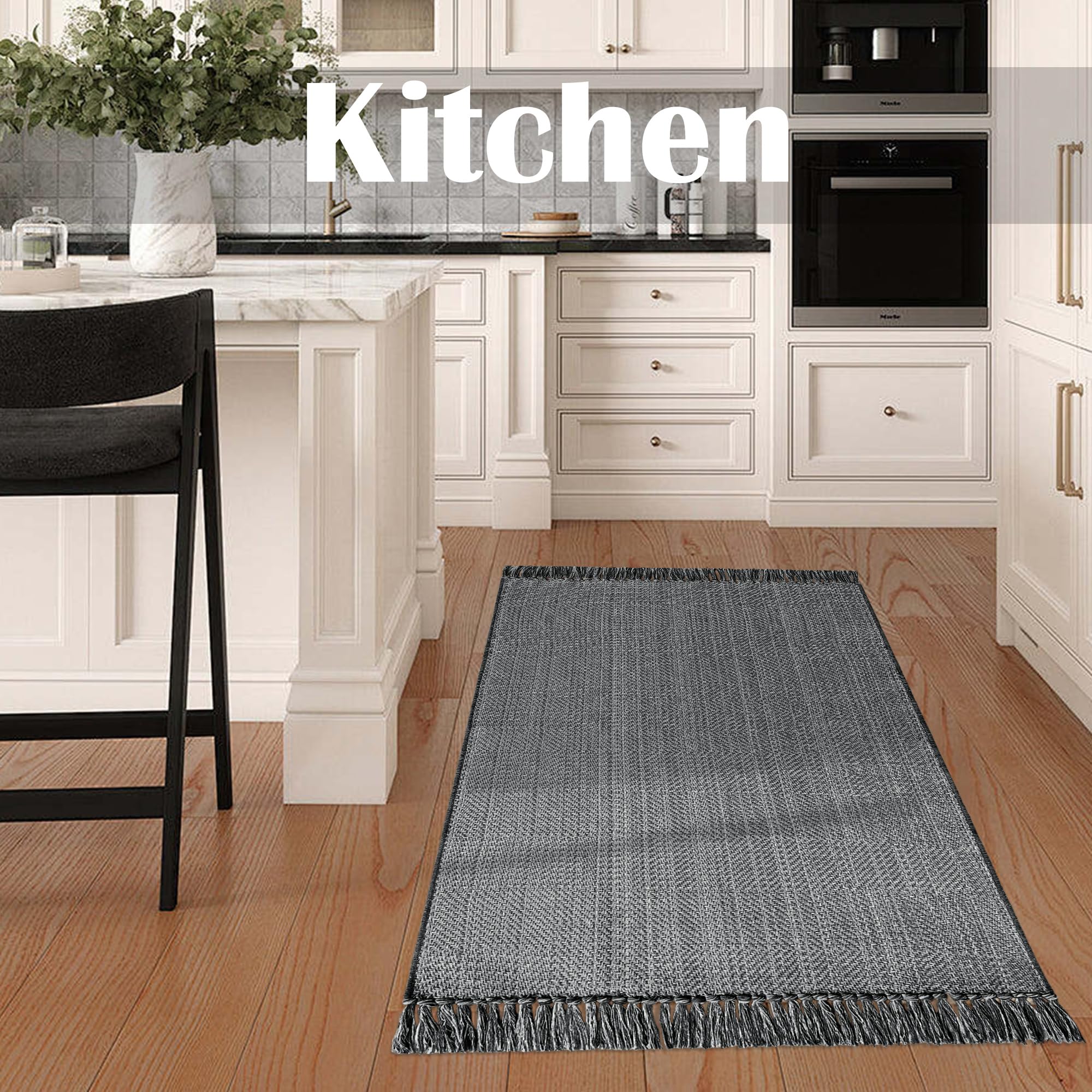 Nafell 3x5 Washable Entryway Rug - Small Boho Kitchen Area Rug with Tassel, Washable Bathroom Rug for Entryway Kitchen Indoor Bedroom, Hand-Woven, Cotton