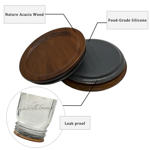 6 Pack Mason Jar Lids wide Mouth,Acacia Wood Ball Regular Mouth Lids,Reusable Mason Jar Lids With Food Grade Material Silicone Sealing Rings,Jar Wooden Storage Lids, regular, Brown…(86mm)