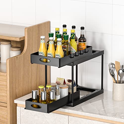 Aojia Under Sink Organizer with 2 Sliding Drawers, Bathroom Organizer Under Cabinet, Pull-out Under Sink Storage,Under Cabinet Storage for Kitchen and Bathroom
